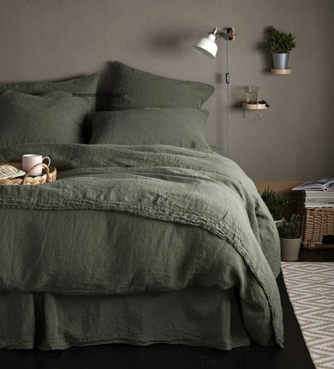 Moss Green Linen Duvet Cover Bedding Washed Comforter Set Cover All ...
