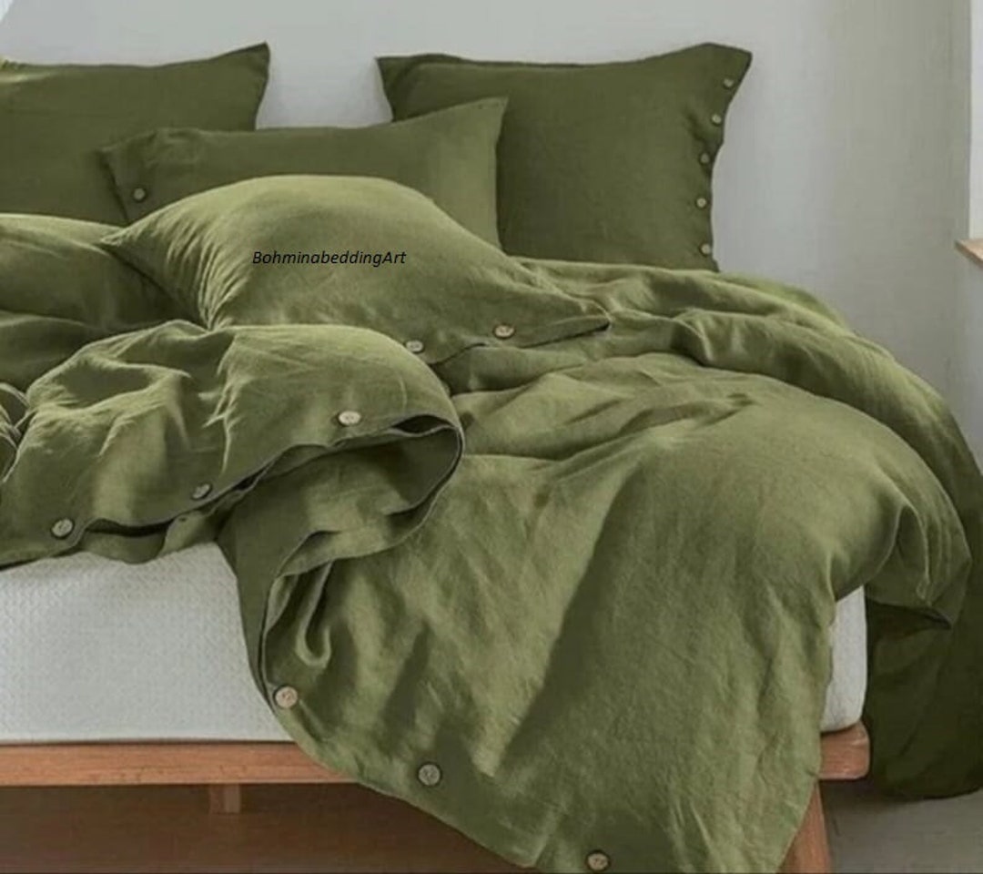 Dark Moss Green Linen Duvet Cover Bedding Boho Comforter Set Cover All ...