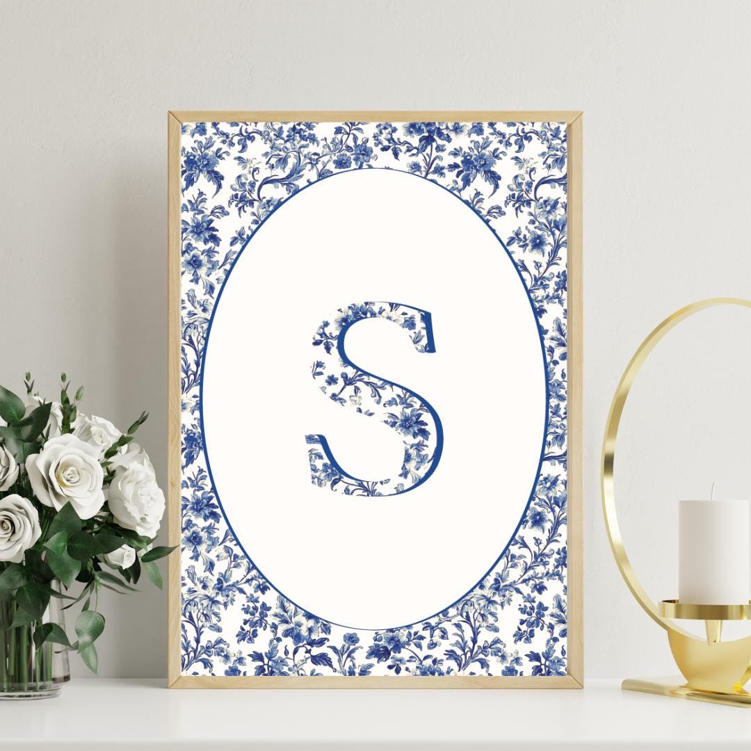 Custom Chinoiserie Letter Print, Blue Framed Letter Poster, Blue ...