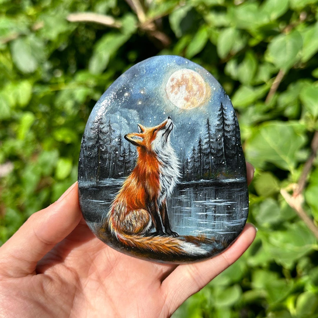 Hand Painted Fox Stone Art, Magical Night Decor, Nature Lover Decor ...
