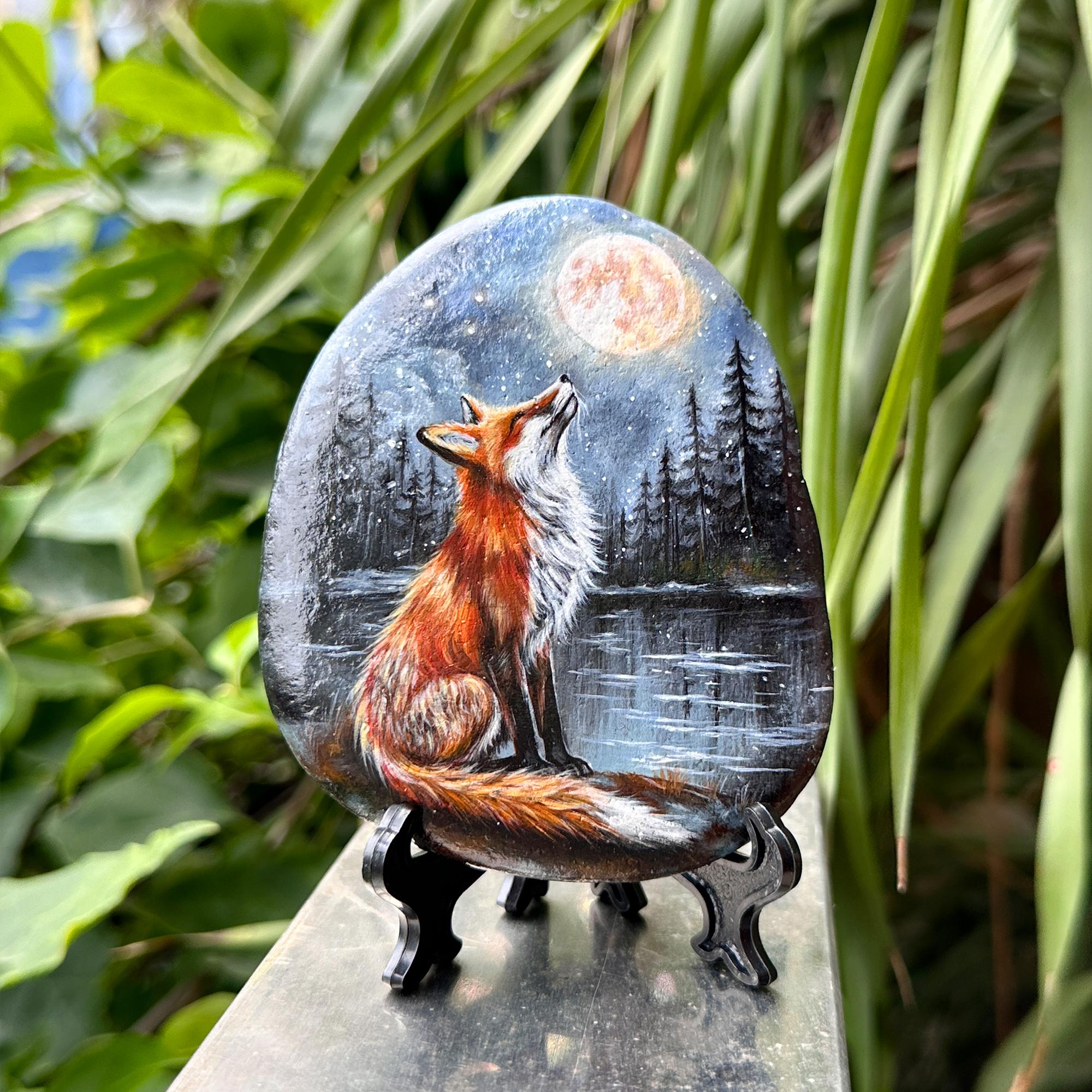 Hand Painted Fox Stone Art, Magical Night Decor, Nature Lover Decor ...