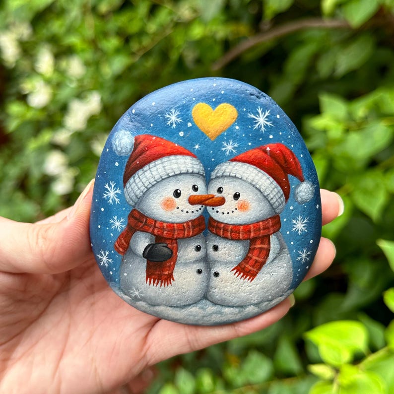 Couple Snowman Painted Stone – Christmas Gift, Hand Painted Rock Art ...