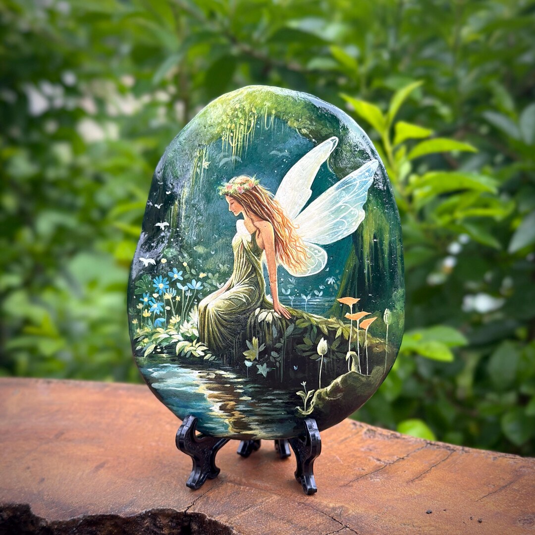 Hand Painted Fairy Stone – Enchanted Forest Art Rock, Fantasy Nature ...
