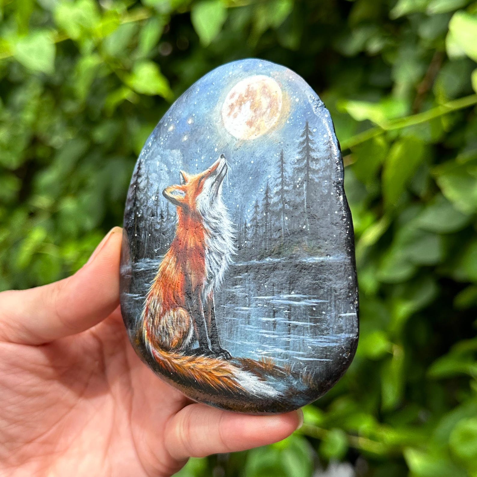 Hand Painted Fox Stone Art, Magical Night Decor, Nature Lover Decor ...