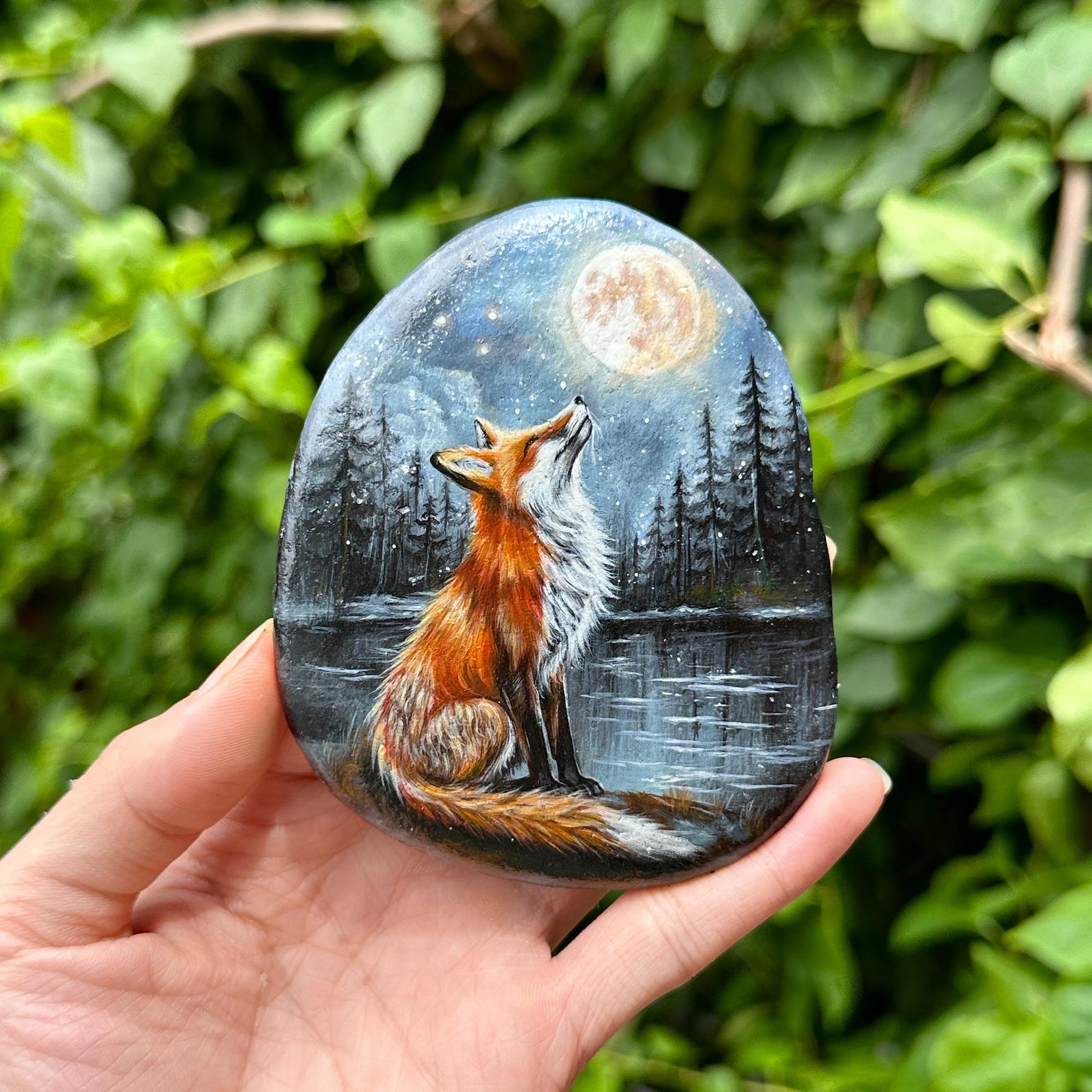Hand Painted Fox Stone Art, Magical Night Decor, Nature Lover Decor ...