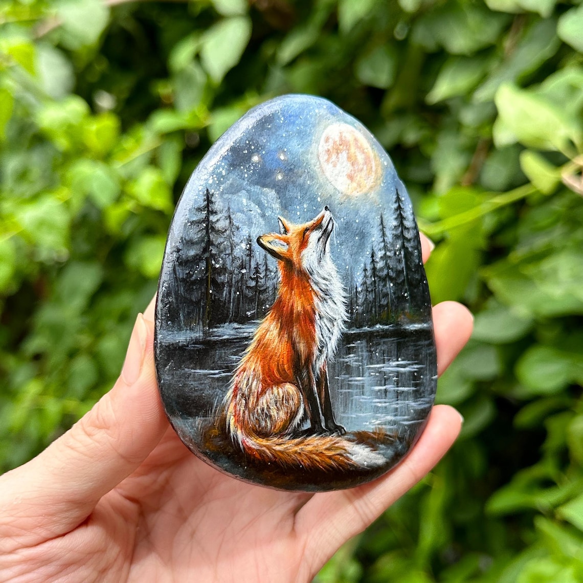 Hand Painted Fox Stone Art, Magical Night Decor, Nature Lover Decor ...