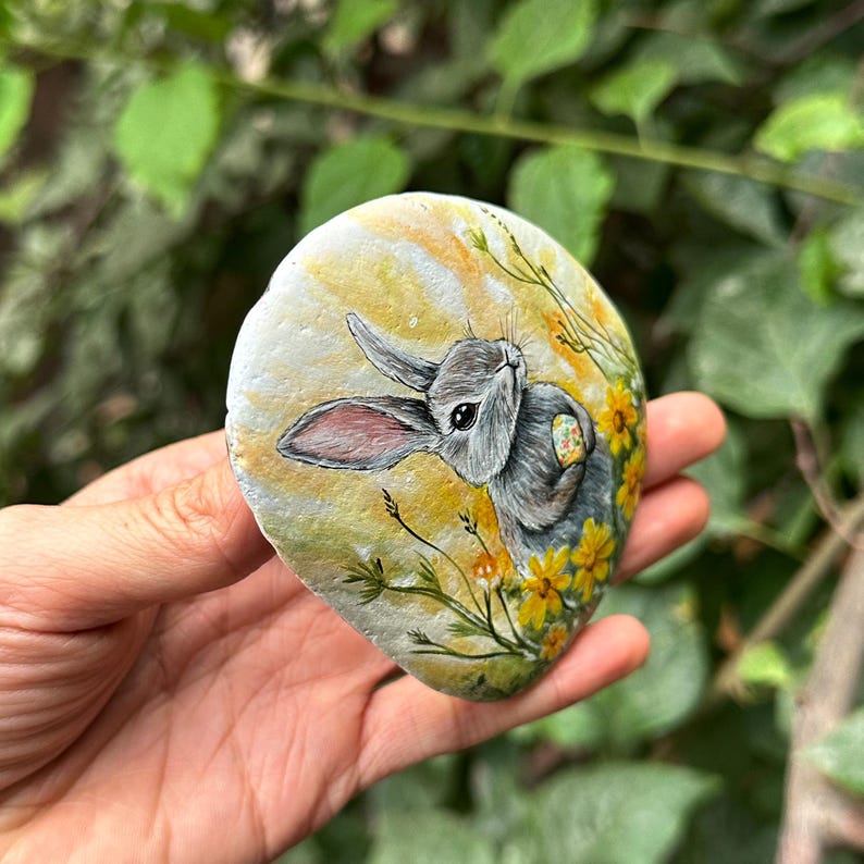 Easter Bunny Rock Painting, Hand Painted Spring Bunny Rock, Easter Egg ...