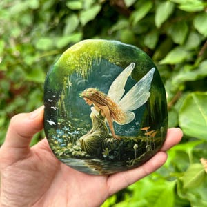 Hand Painted Fairy Stone – Enchanted Forest Art Rock, Fantasy Nature ...