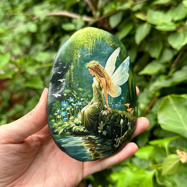 Hand Painted Fairy Stone – Enchanted Forest Art Rock, Fantasy Nature ...