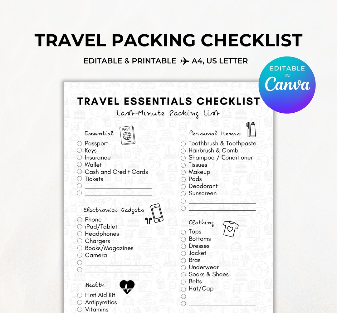 Editable Travel Packing List Vacation Checklist Packing List Printable ...