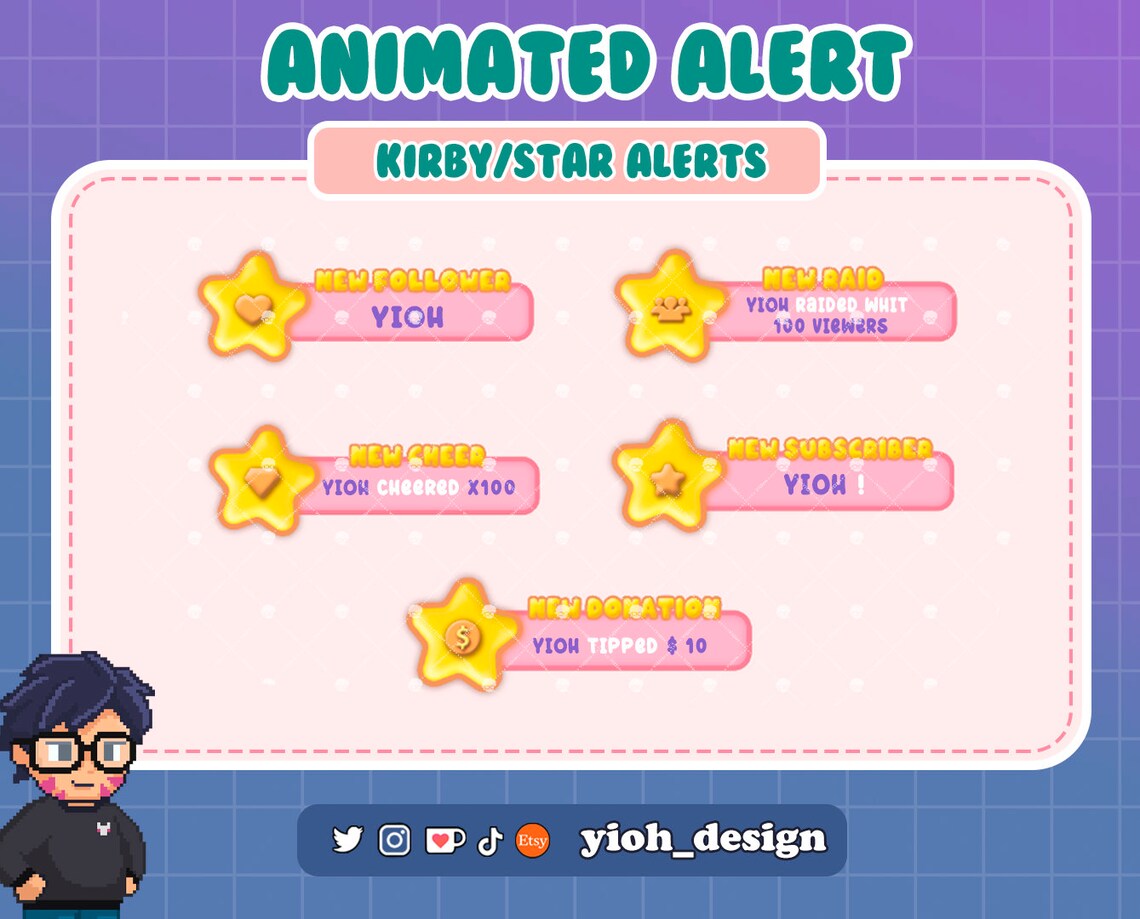 5x Animated Cute Kawaii Kirby Star Pink Yellow Twitch Stream Alert ...