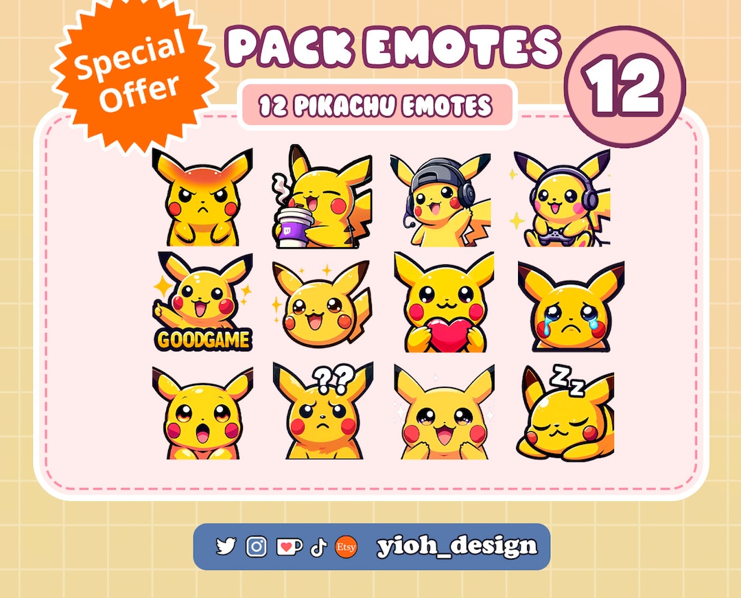 12 Pikachu Emotes Twitch Pokemon / Youtube / Discord / Kick / Twitch - Etsy