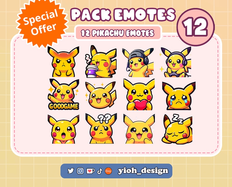 12 Pikachu Emotes Twitch Pokemon / YouTube / Discord / Kick / Twitch ...