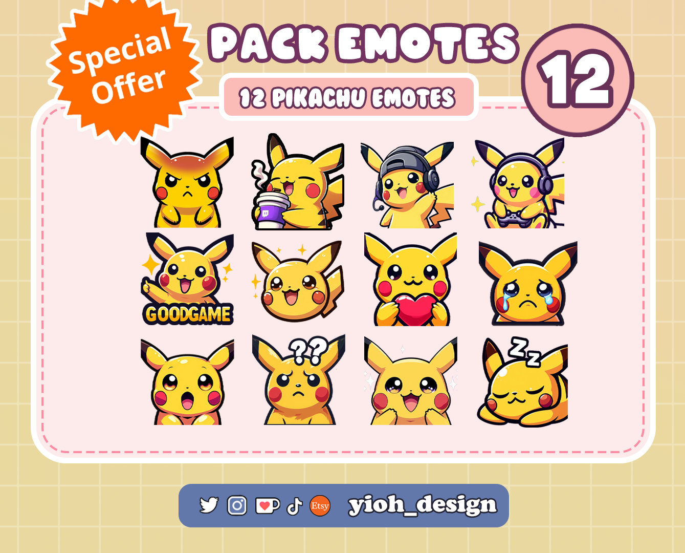 12 Pikachu Emotes Twitch Pokemon / Youtube / Discord / Kick / Twitch - Etsy