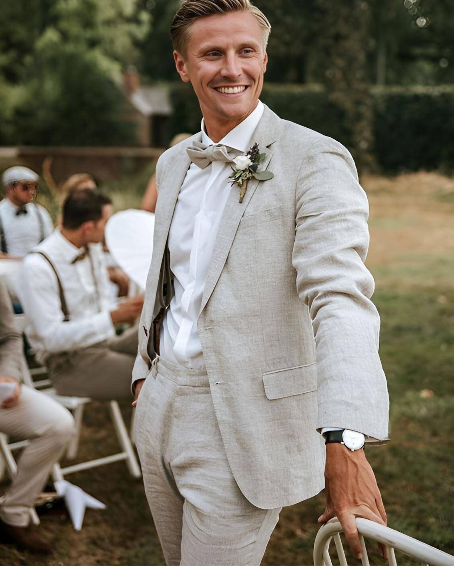 Men Beige Linen 2 Piece Suit for Groomsmen Classic Fit Linen Suits for ...