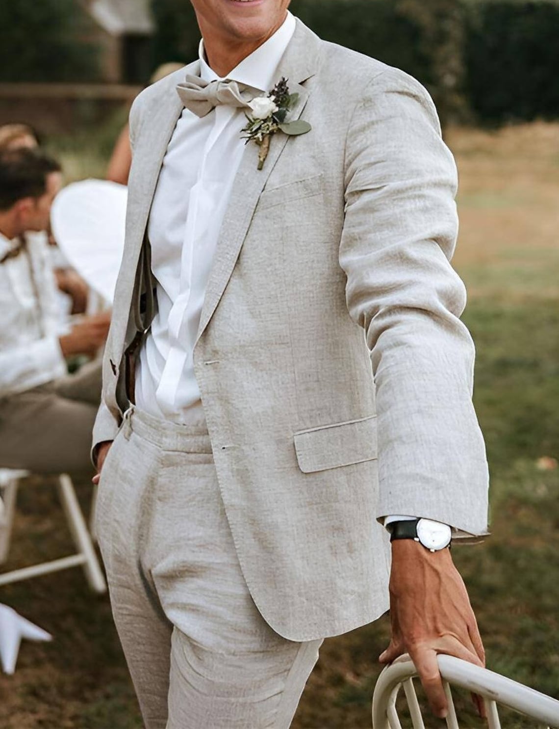 Men Beige Linen 2 Piece Suit for Groomsmen Classic Fit Linen Suits for ...