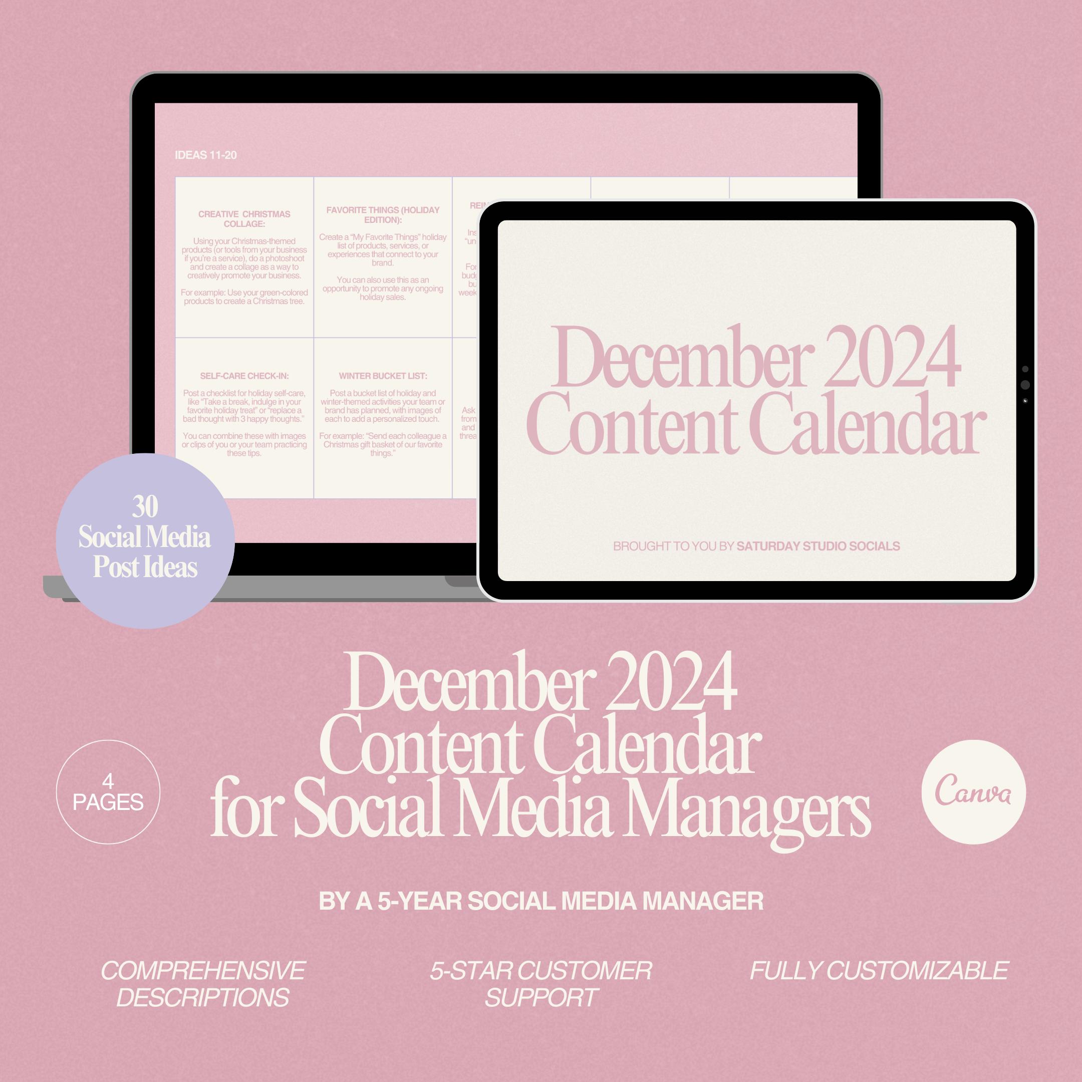 December 2024 Content Calendar for Social Media Manager Holiday Content ...