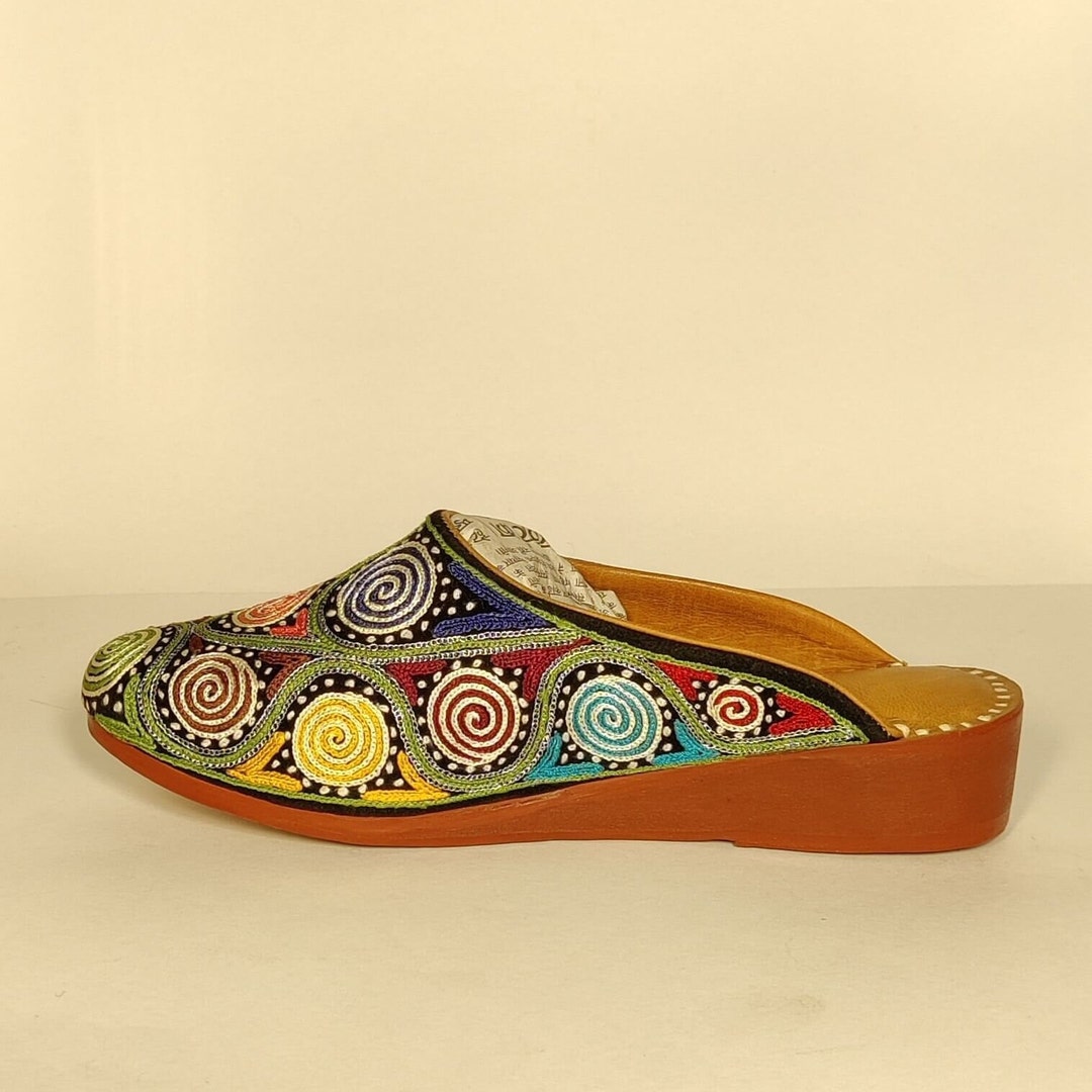 Handmade Black Velvet Mules for Women – Multicolor Prismatic Embroidery ...