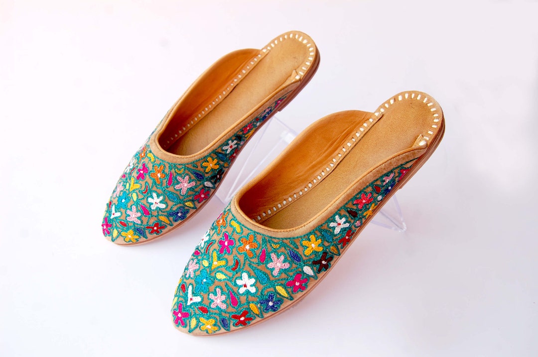 Handmade Brown Velvet Mules With Floral Embroidery for Women - Elegant ...