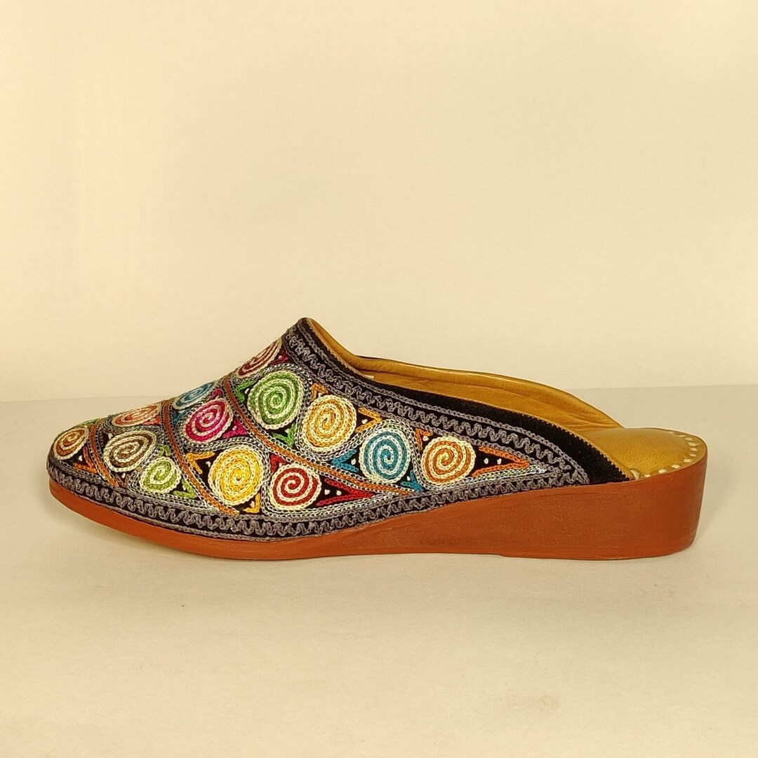 Handmade Black Velvet Mules: Multicolor Flashy Embroidered Silk & Zari ...