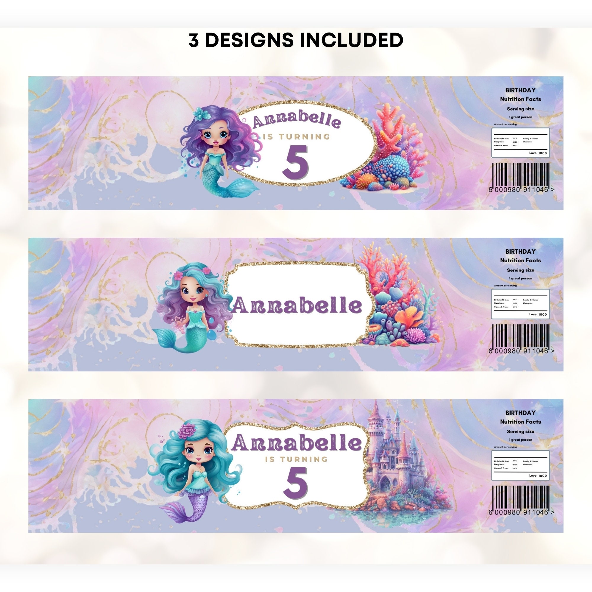 EDITABLE Mermaid Water Bottle Labels Set of 3 Designs Mermaid Party ...