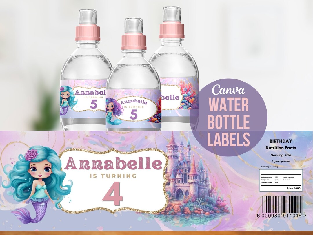EDITABLE Mermaid Water Bottle Labels Set of 3 Designs Mermaid Party ...