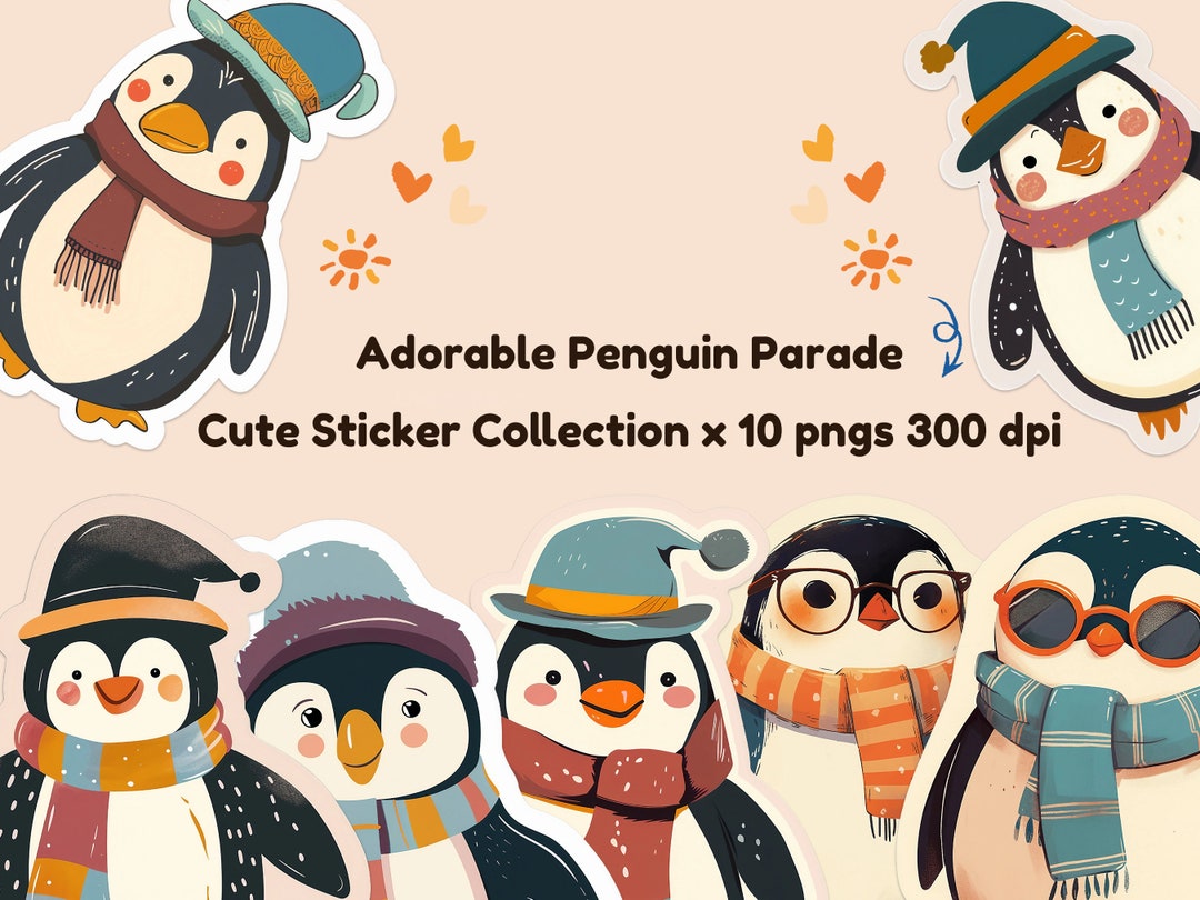 Cute Penguin Parade Digital Sticker Set - 10 Cute PNG Penguin Digital ...