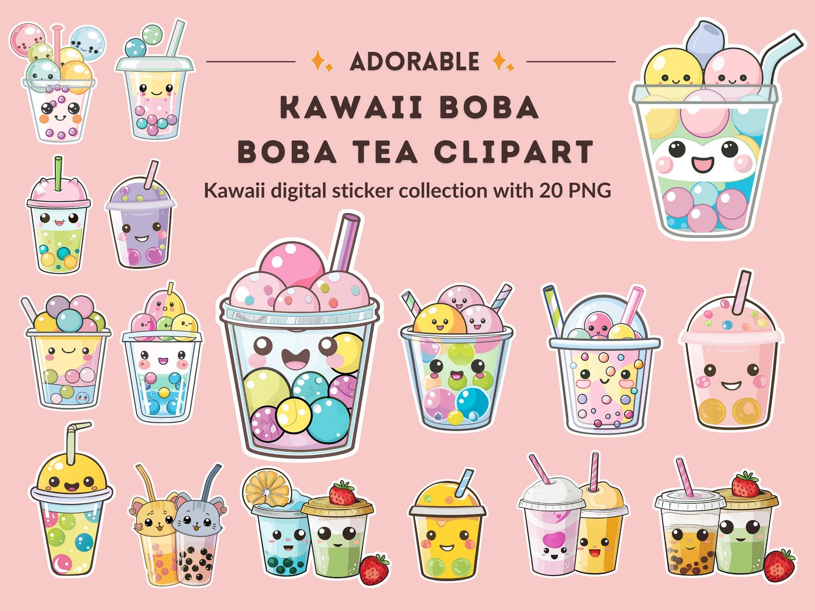Kawaii Boba Tea Clipart Bundle Collection | Cute, Colorful, Smiling ...
