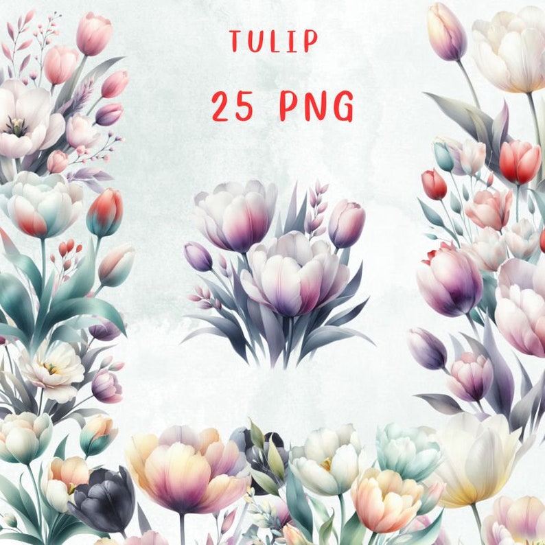 25 PNG Tulip Watercolor Clipart, Clipart Bundle, Spring Tulips, Floral ...