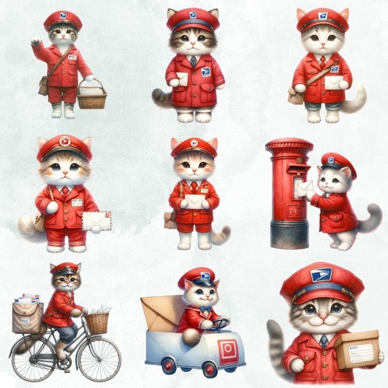 40 PNG Cat Postman Watercolor, Animal Couple, Cute Cat Nursery Decor ...