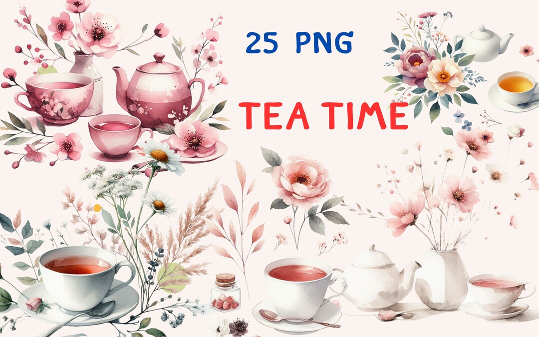 25 PNG Watercolor Tea Time Clipart, Clipart Bundle, Transparent ...