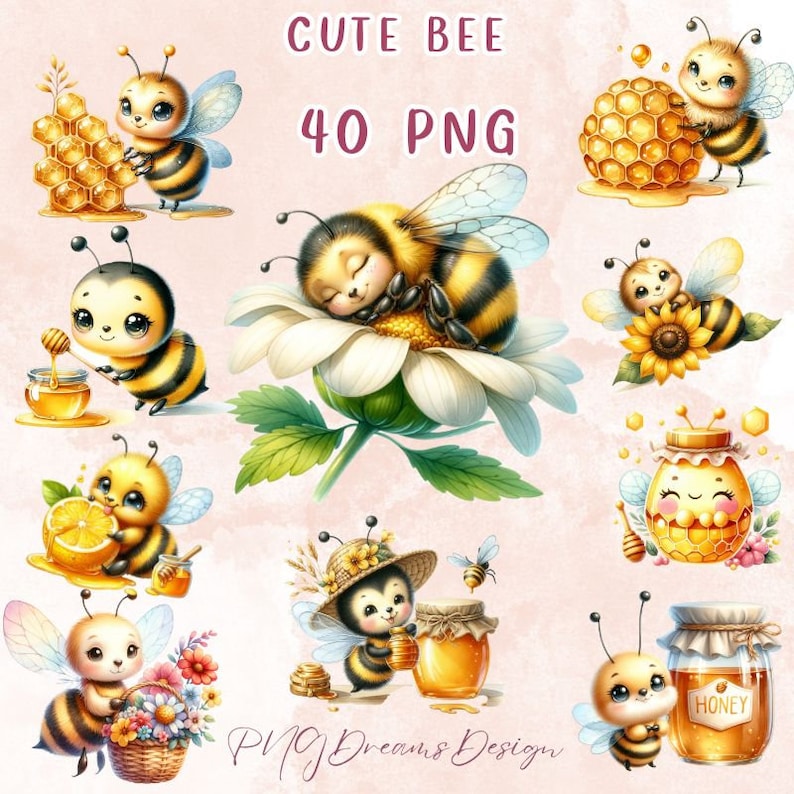 40 PNG Cute Bee, Clipart Bundle, Gift for Kids, Kids Animals Clipart ...