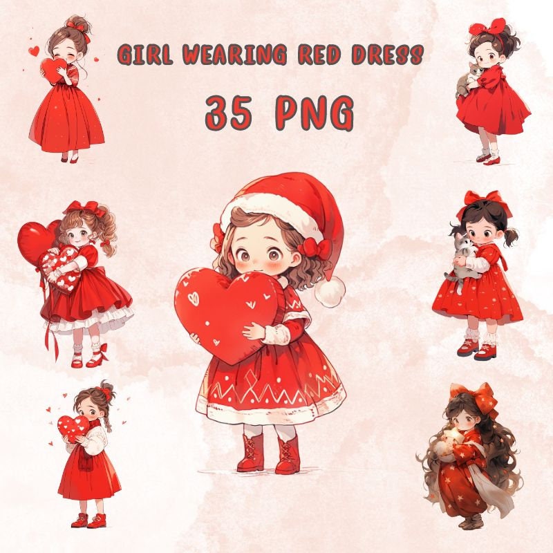 35 PNG Watercolor Girl Wearing a Red Dress, Clipart Bundle, Valentines ...