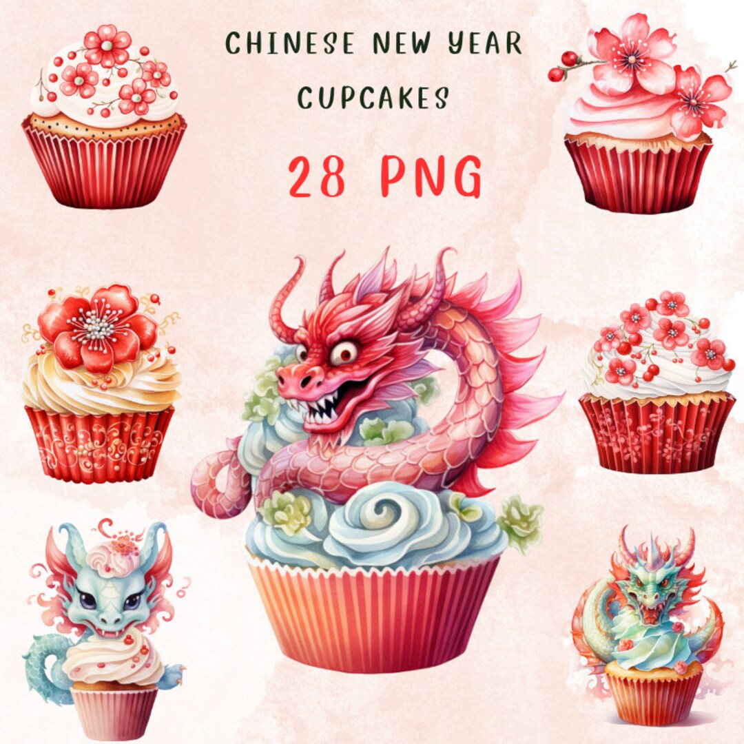 28 PNG Watercolor Cupcakes Lunar New Year, Clipart Bundle, Chinese New ...