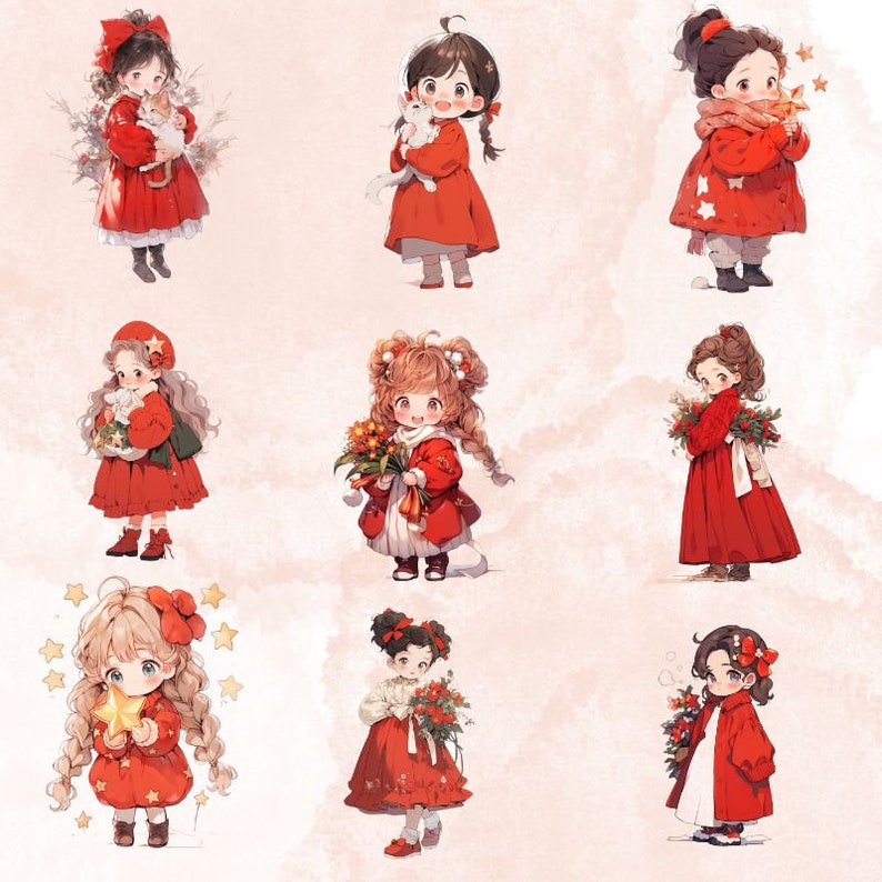 35 PNG Watercolor Girl Wearing a Red Dress, Clipart Bundle, Valentines ...