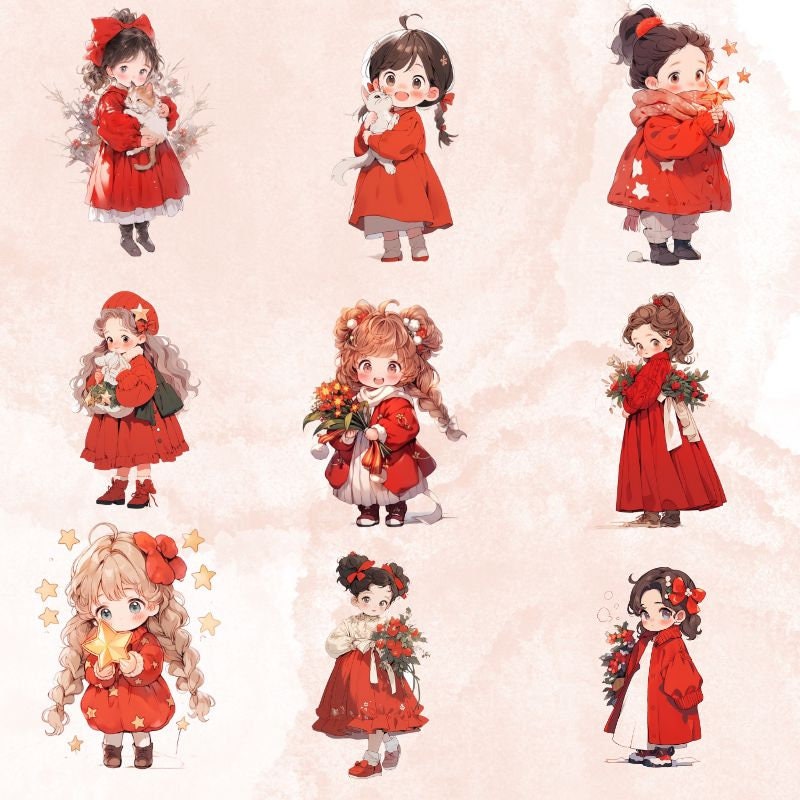 35 PNG Watercolor Girl Wearing a Red Dress, Clipart Bundle, Valentines ...