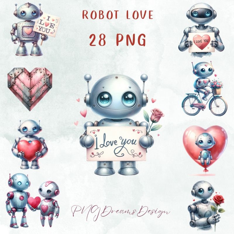 28 PNG Valentine Robot Clipart, Clipart Bundle, Gift for Kids, Robot ...