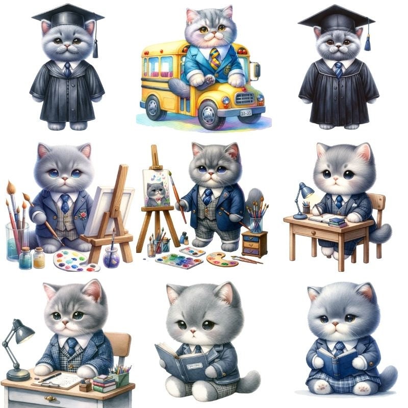 30 PNG Watercolor School Cat Clipart, School Cat, Cute Cat Clipart ...