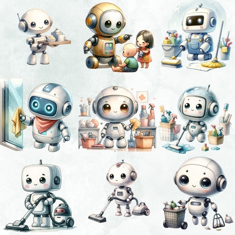 40 PNG Robot Clipart, Clipart Bundle, Gift for Kids, House Cleaning ...