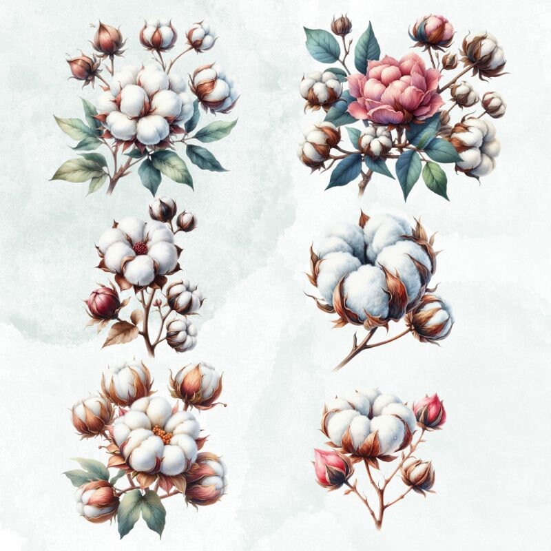 25 PNG Watercolor Cotton Flower Clipart, Clipart Bundle, Transparent ...