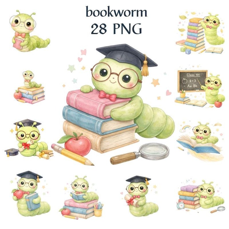 Cute Bookworm Clipart Bundle PNG | Back to School Teacher Sublimation ...