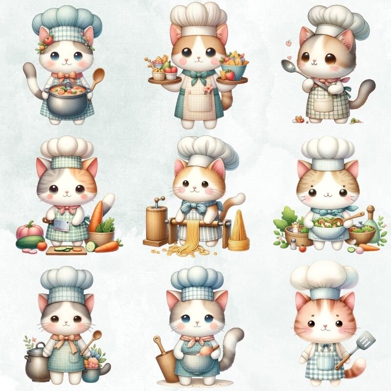 32 PNG Watercolor Cat Chef Clipart, Foodie, Food, Cute Cat Clipart, for ...