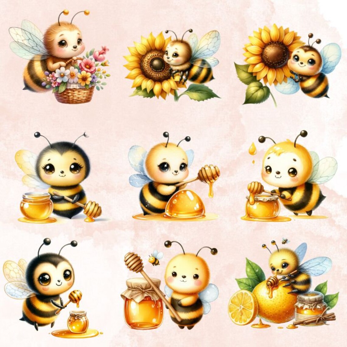 40 PNG Cute Bee, Clipart Bundle, Gift for Kids, Kids Animals Clipart ...