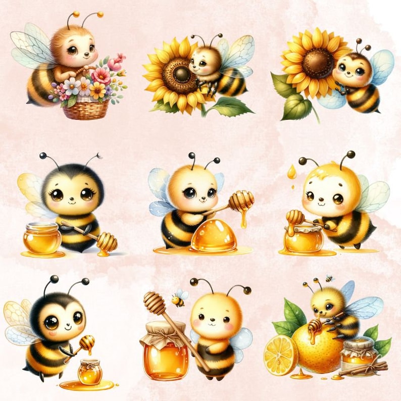 40 PNG Cute Bee, Clipart Bundle, Gift for Kids, Kids Animals Clipart ...