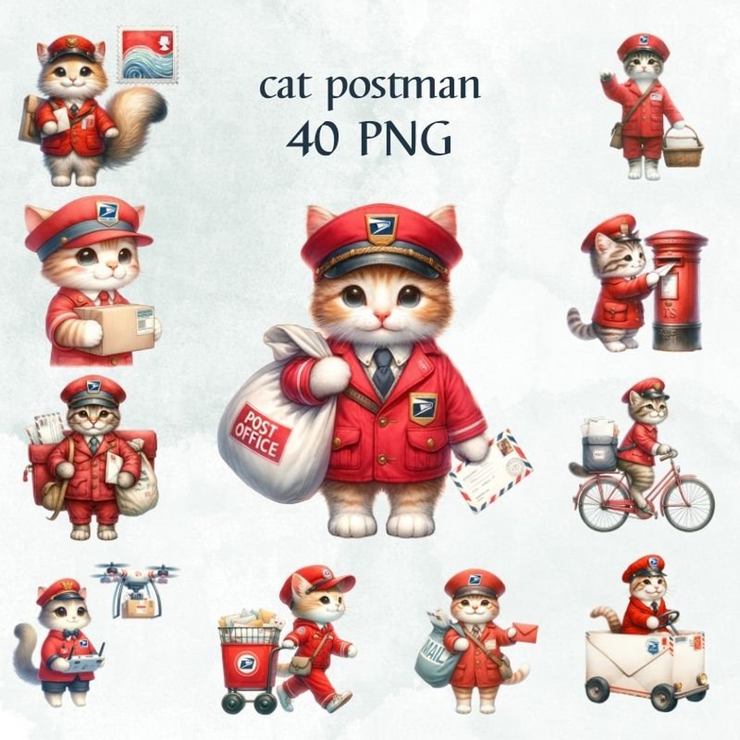 40 PNG Cat Postman Watercolor, Animal Couple, Cute Cat Nursery Decor ...