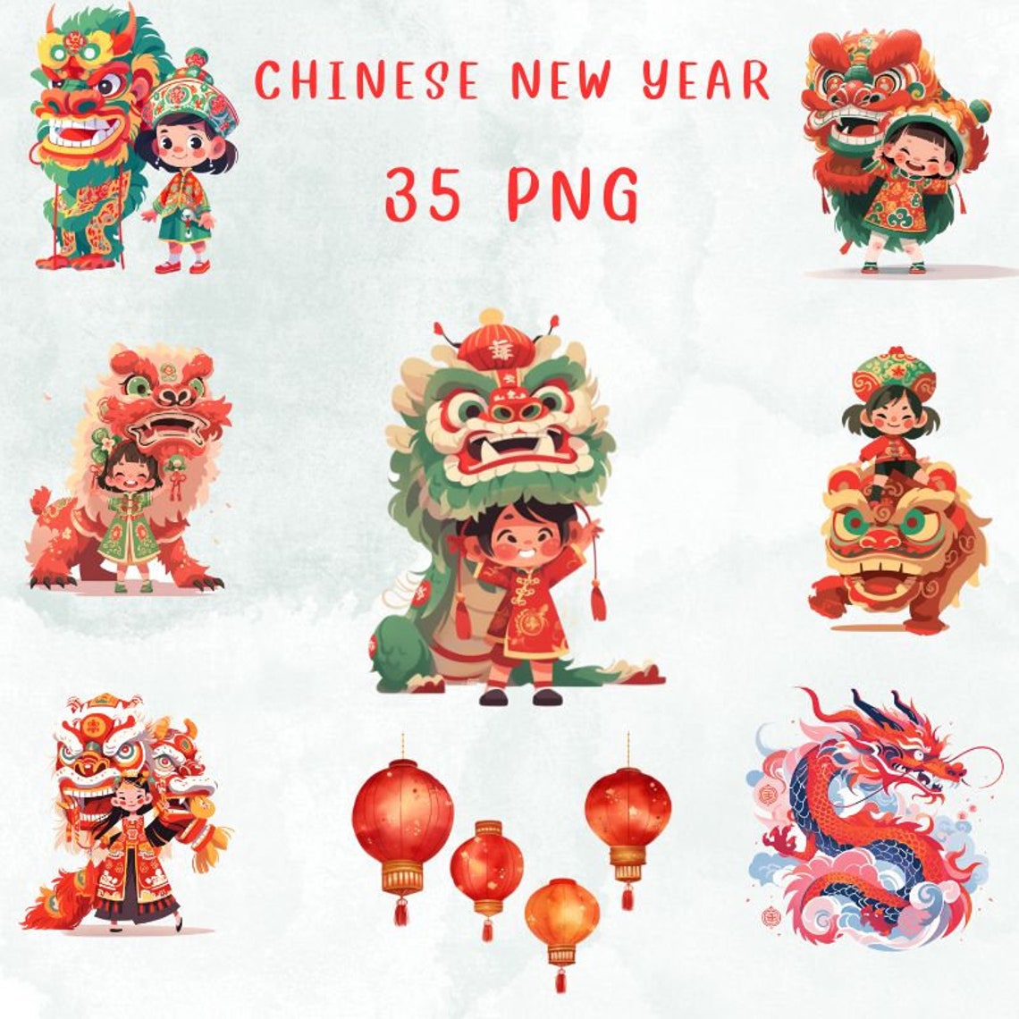 35 PNG Watercolor Lunar New Year, Chinese New Year, Clipart Bundle ...