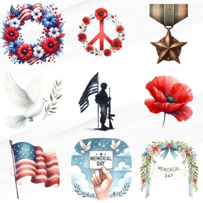 50 PNG Watercolor Memorial Day Clipart , Memorial Day, USA America Day ...