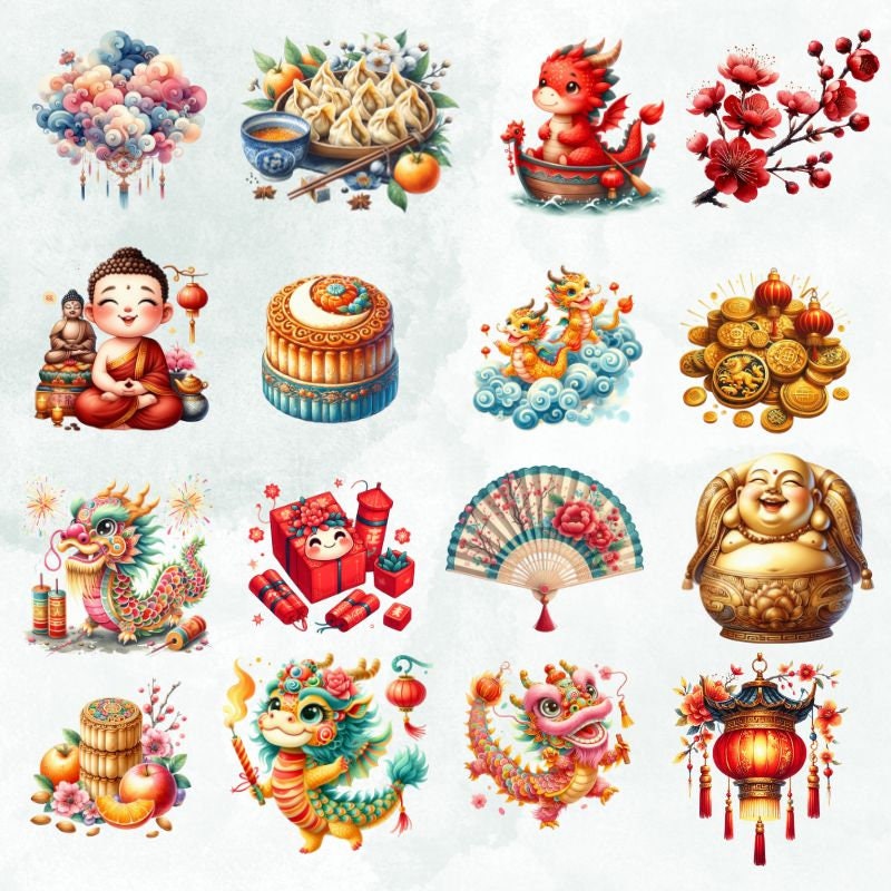 60 PNG Watercolor Lunar New Year, Chinese New Year, Clipart Bundle ...