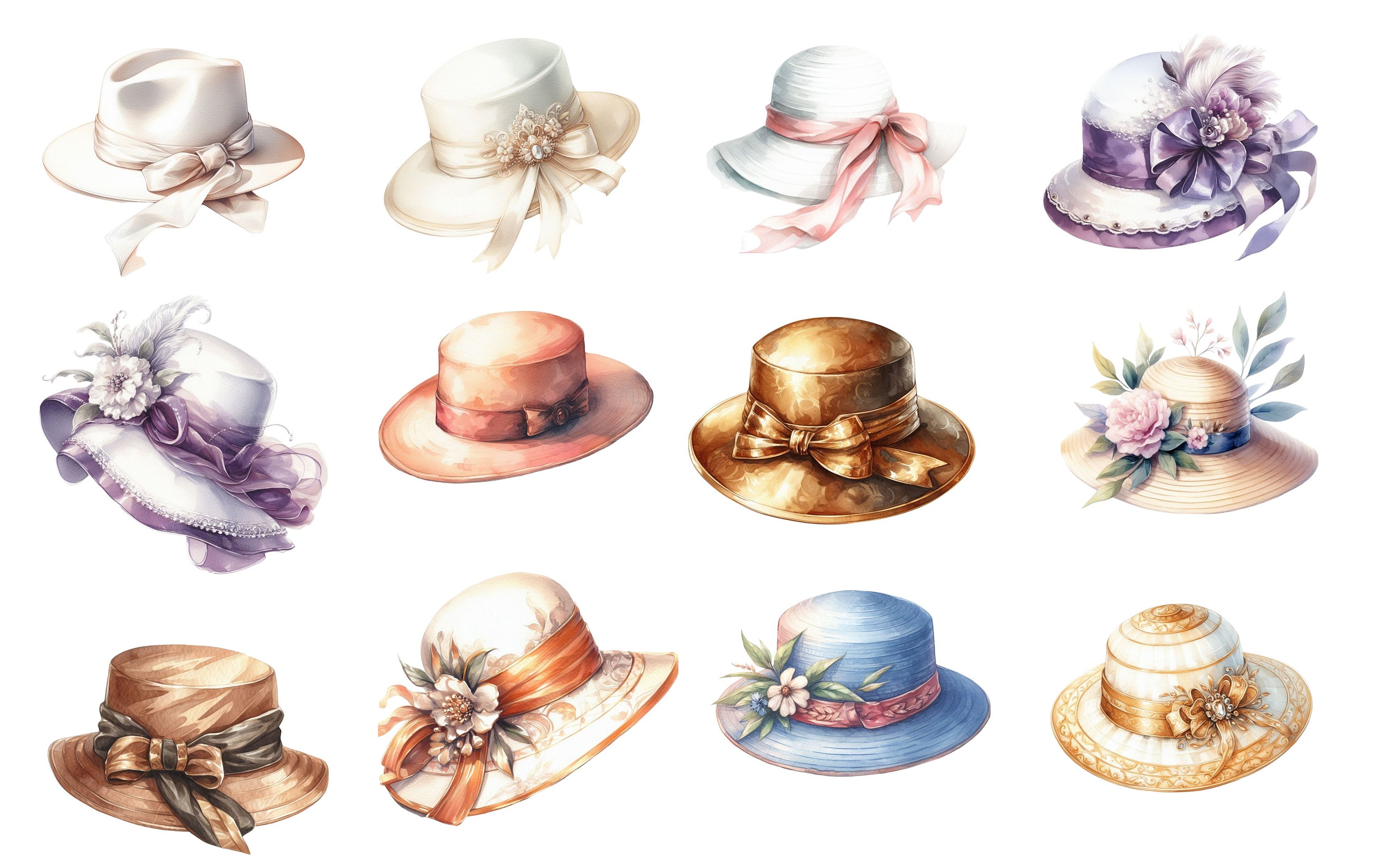 80 PNG Watercolor Vintage Hat Clipart, transparent Background Digital ...