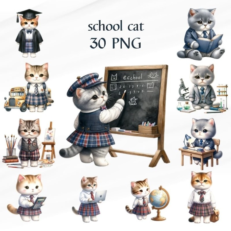 30 PNG Watercolor School Cat Clipart, School Cat, Cute Cat Clipart ...